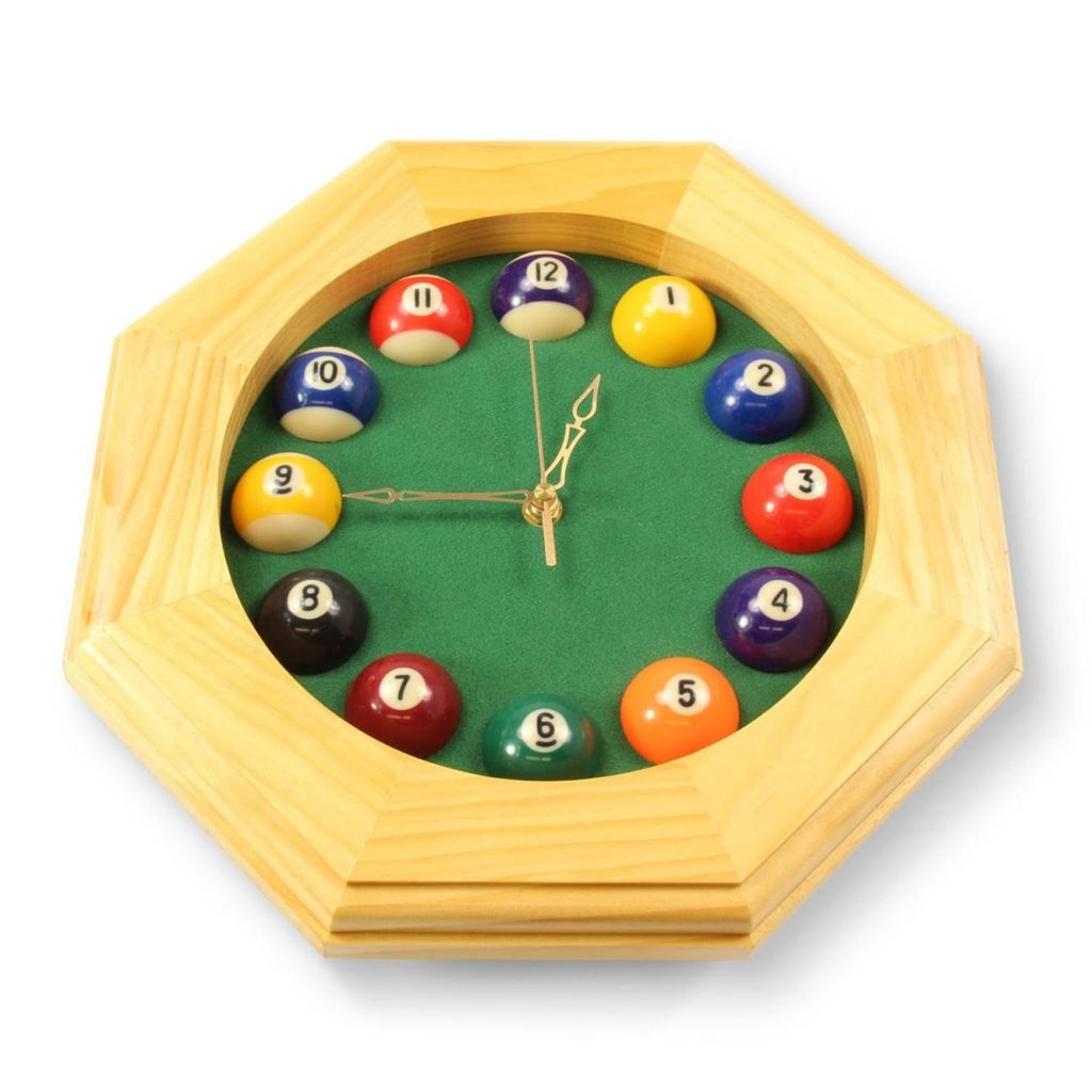 Octagonal pool ball quartz clock 12″ Natural wood – Bulldog Billiards UK